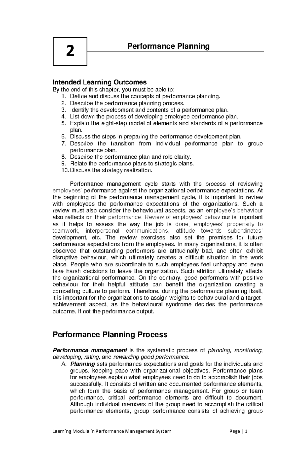 PCMA 421 Chapter 2-Performance Planning - Performance Planning Intended ...
