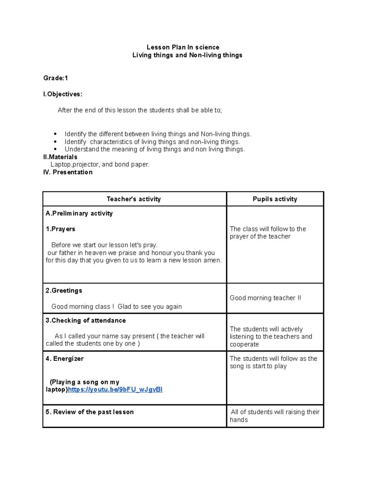 Lesson Plan: Living vs Non-Living Things - Grade DLP - Studocu