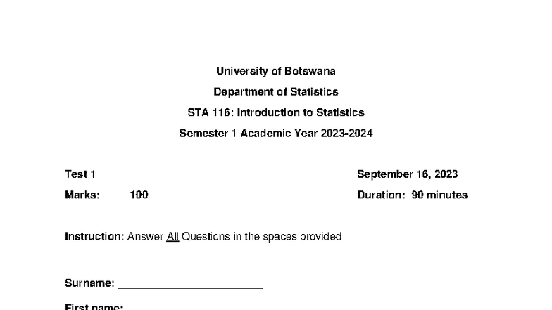STA 116: Introduction to Statistics Test 1 Questions & Answers 2023 ...