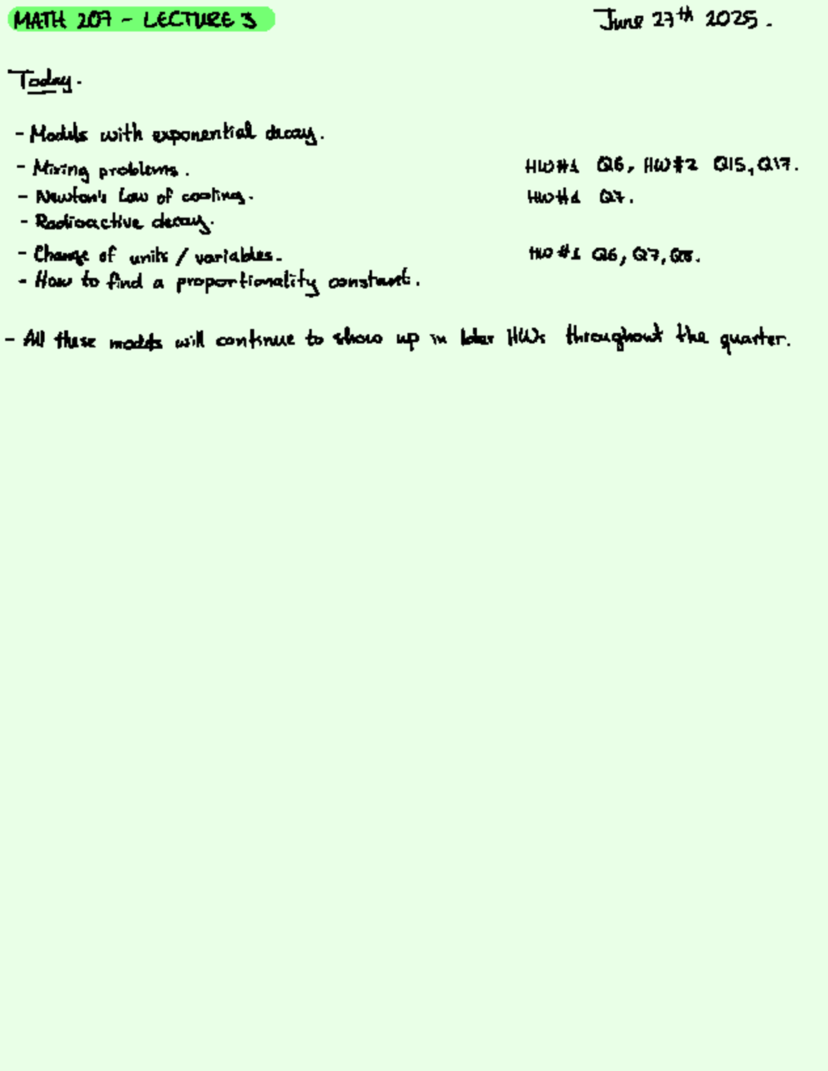 MATH 207 Lecture 3: Exponential Decay & Mixing Problems - Studocu