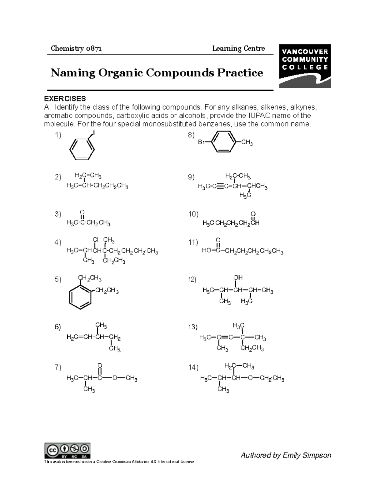 Chemistry 0871 Organic Compounds Naming Practice Exercises - Studocu
