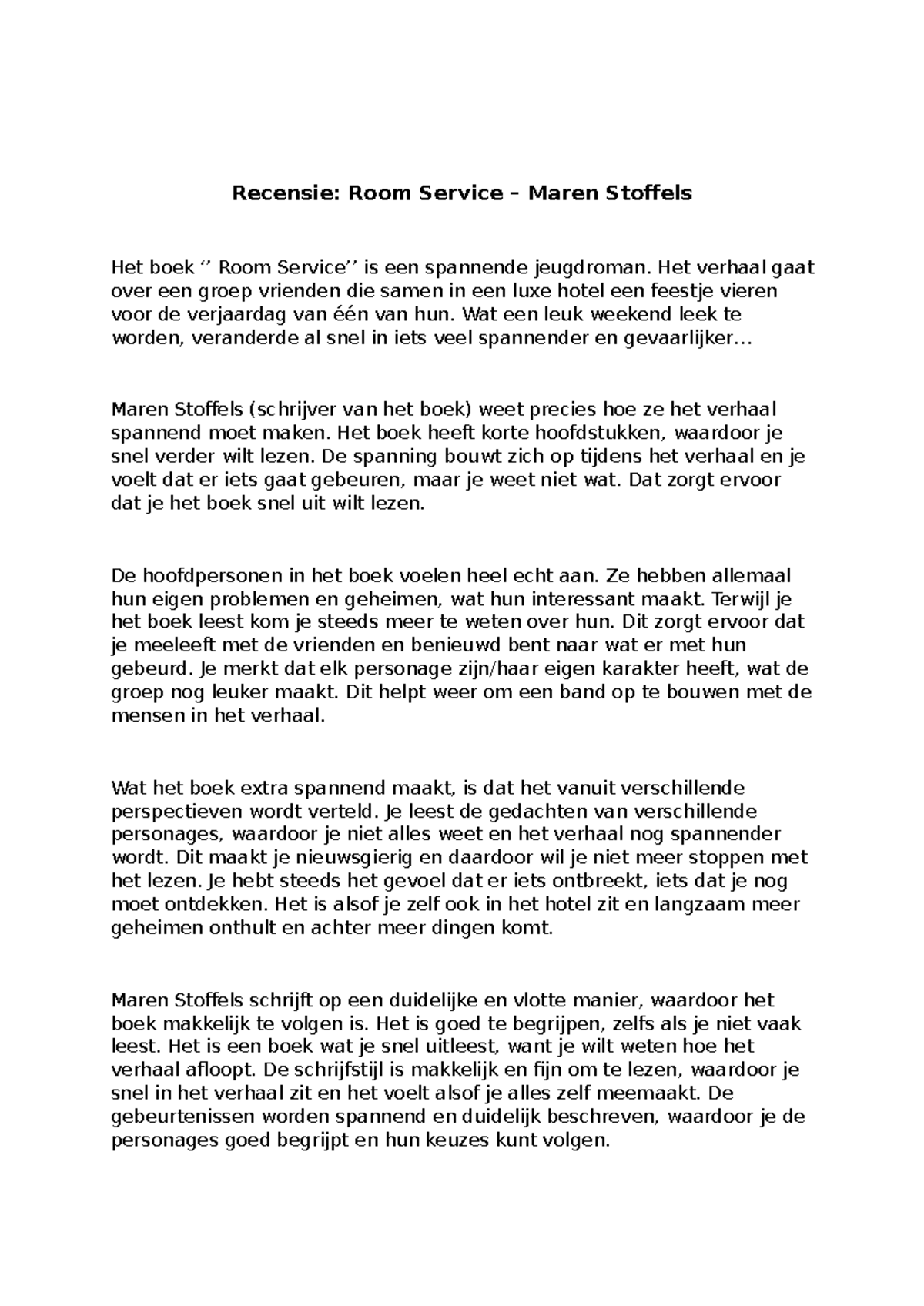 Boekopdracht Recensie: Room Service van Maren Stoffels - Studeersnel