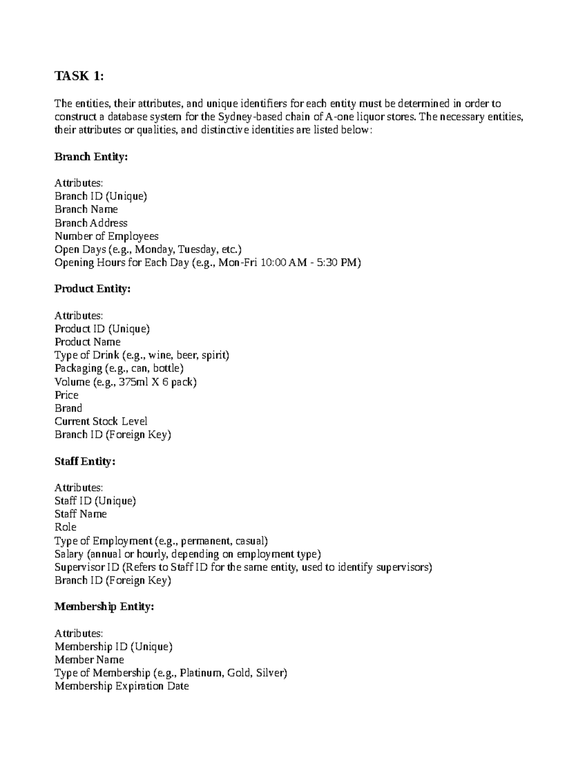 Database Assignment: Entities and Attributes for A-One Liquor Stores ...