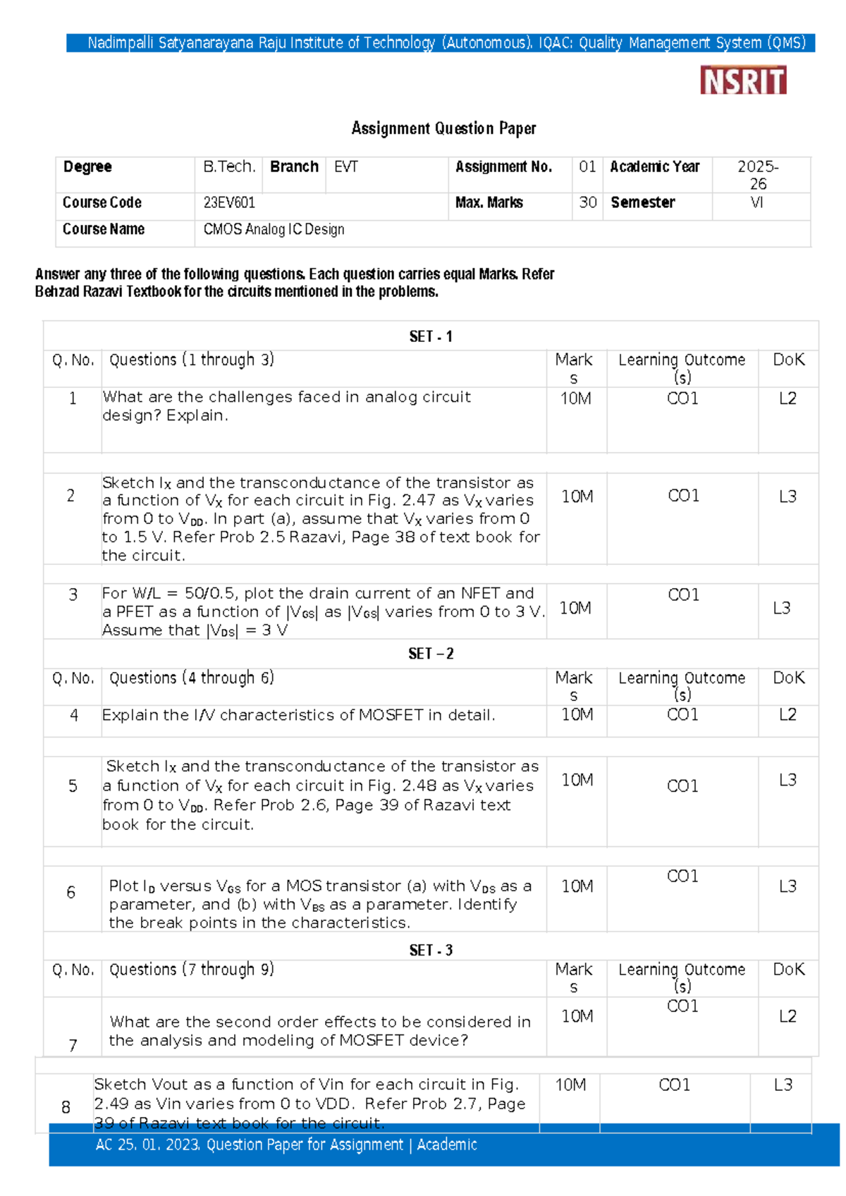 AICD 23EV601 Assignment 1: CMOS Analog IC Design Questions - Studocu