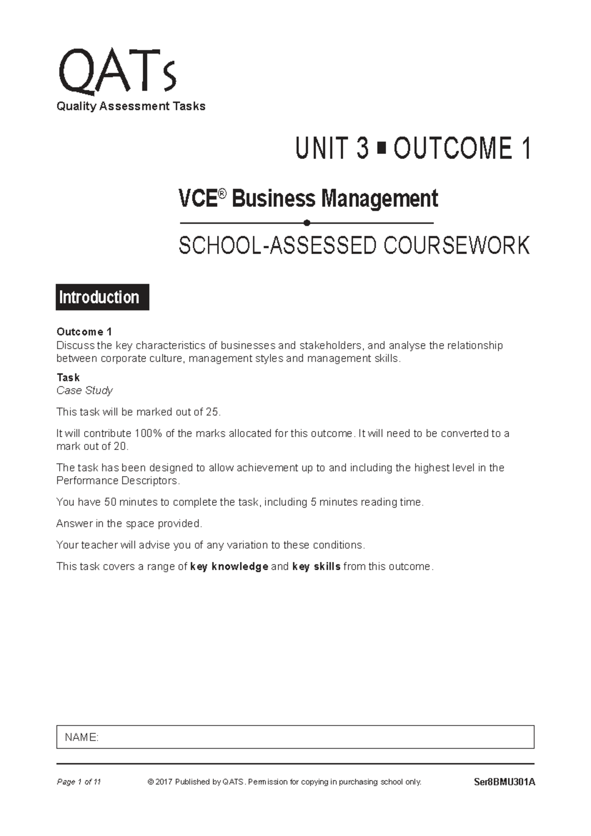 QATs VCE Business Management Coursework: Unit 3 Outcome 1 Case Study ...