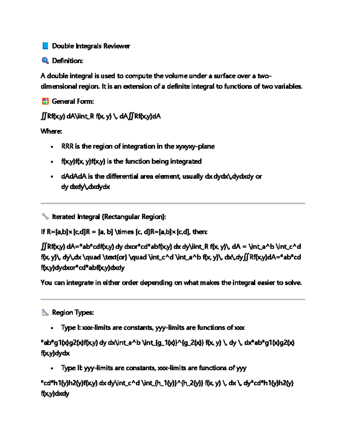 📘 Double Integrals Review: Concepts, Types, and Applications - Studocu