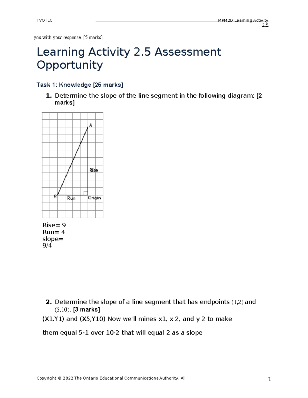 TVO ILC MPM2D Learning Activity 2.5: Slope, Midpoint, and Geometry ...