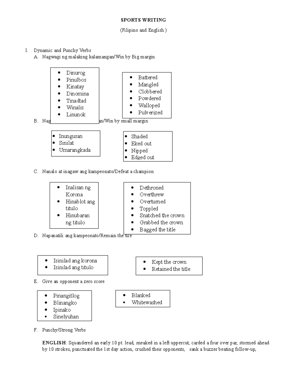 Sports Writing Handout (ENG 101) - Verbs and Techniques for Athletes ...
