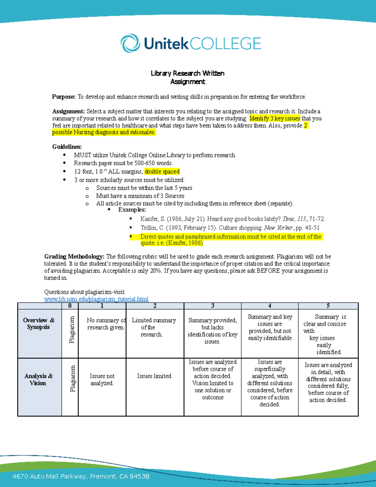 Library Research Written Assignment Rubric (Course Code: 1s6xwjgoq ...
