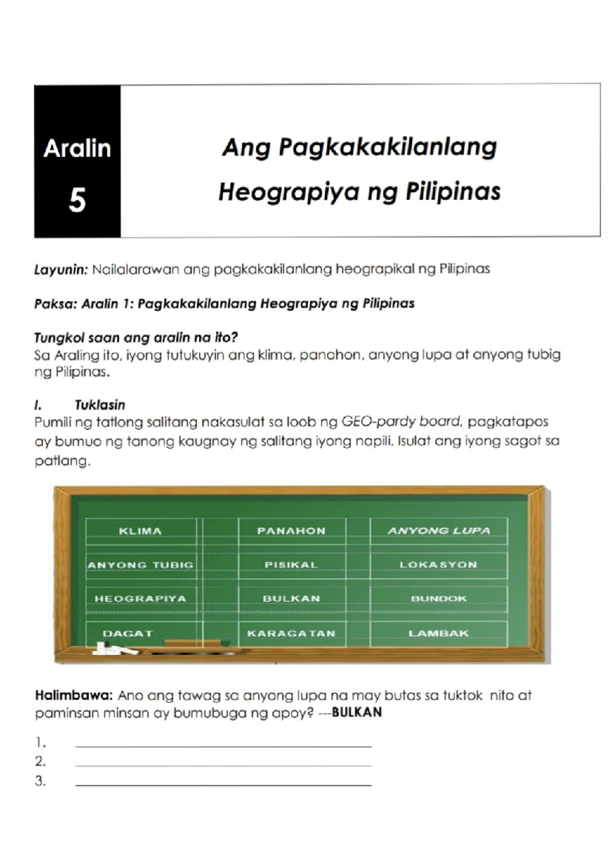AP 4 Aralin sa Heograpiya ng Pilipinas: Klima at Anyong Lupa - Studocu