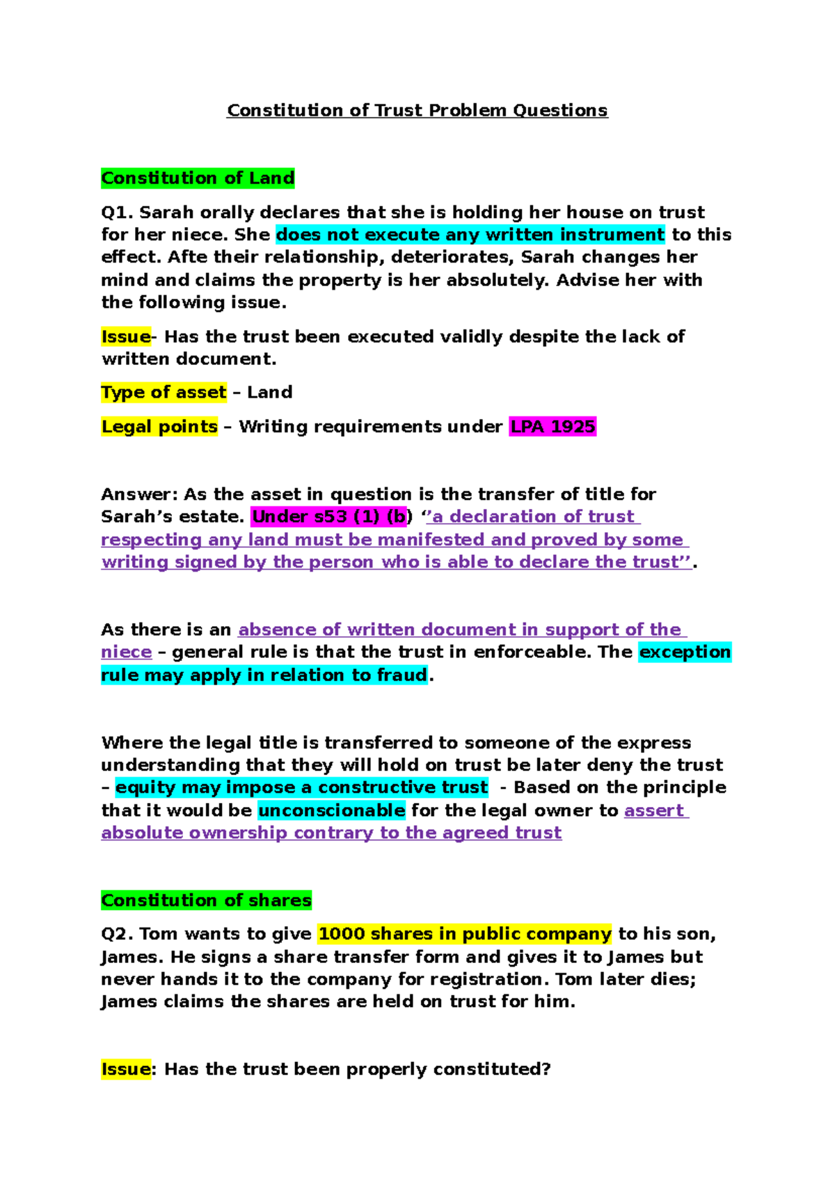 Constitution of Trust Problem Questions: Legal Analysis and Issues ...