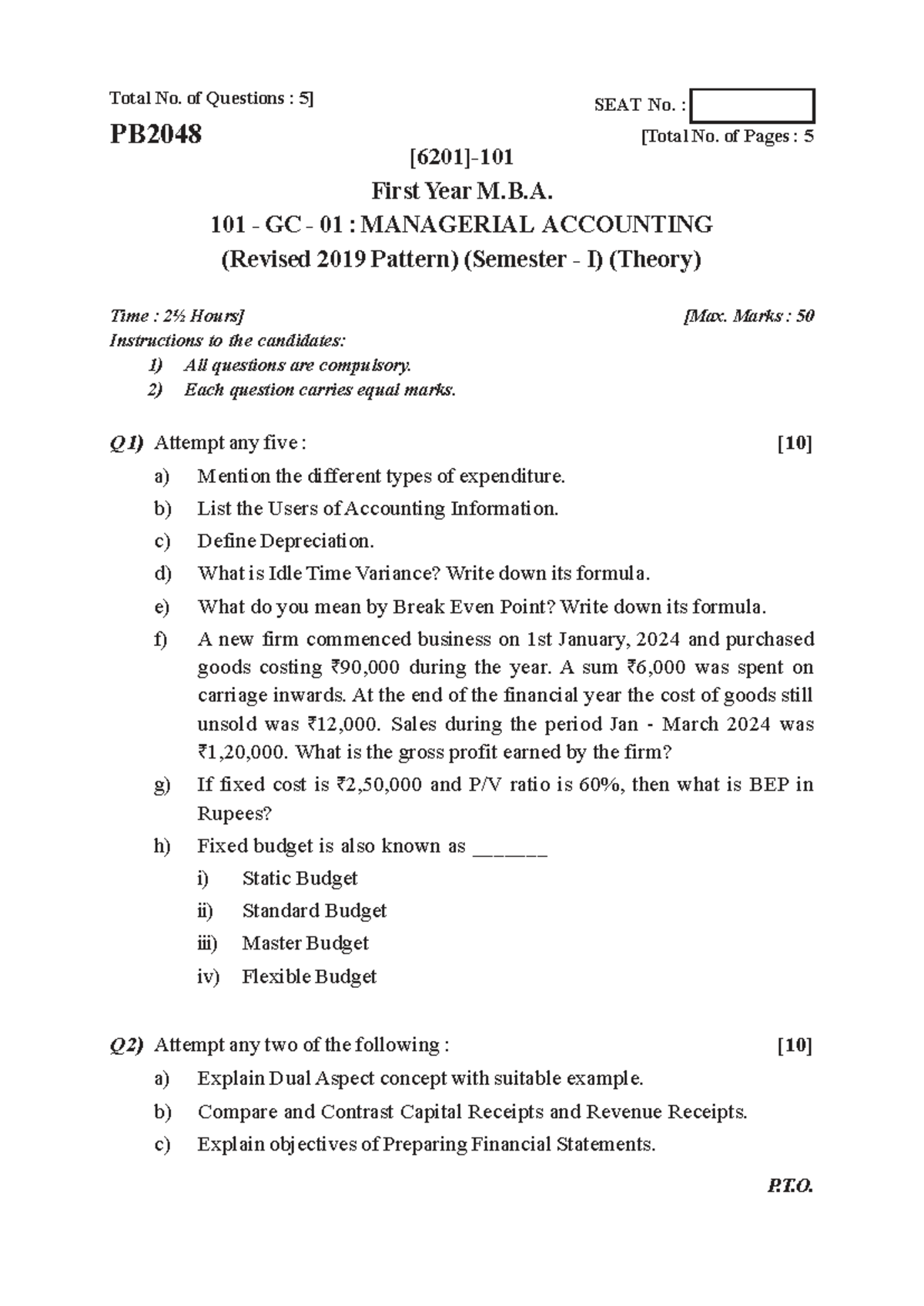 MBA 101 GC 01: Managerial Accounting - Question Paper (April 2024 ...