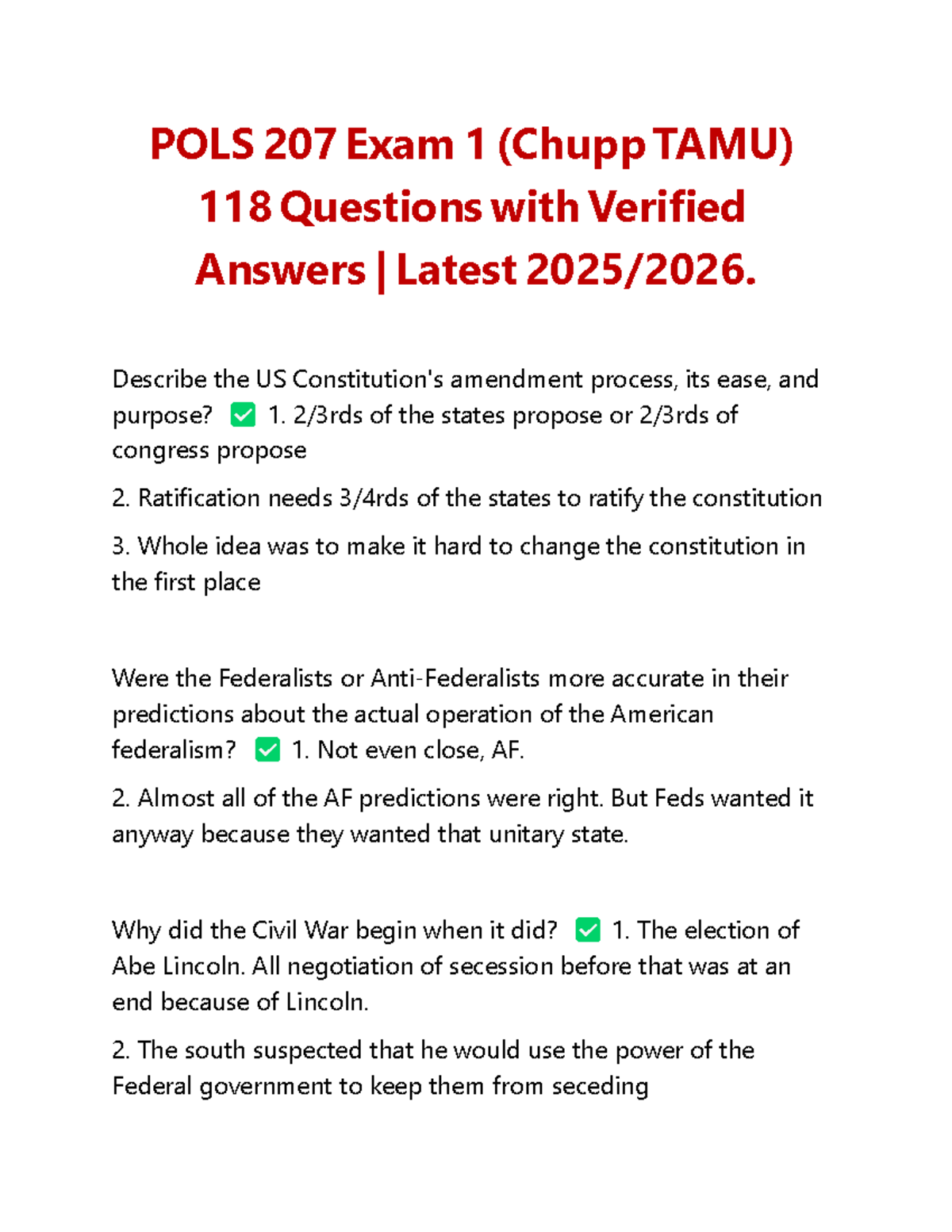 POLS 207 Exam 1 Study Guide: 118 Verified Questions & Answers - Studocu
