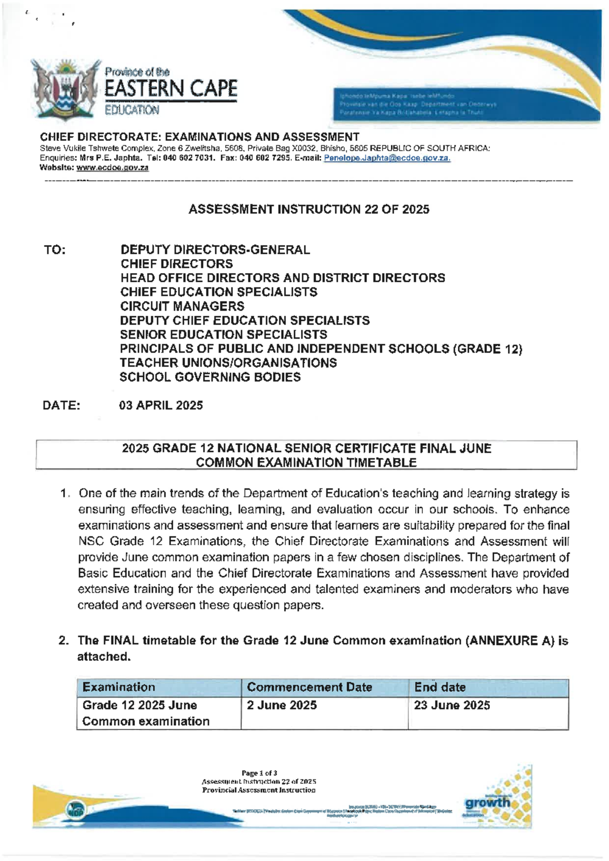 2025 Eastern Cape G12 Final June Common Exam Timetable - Studocu