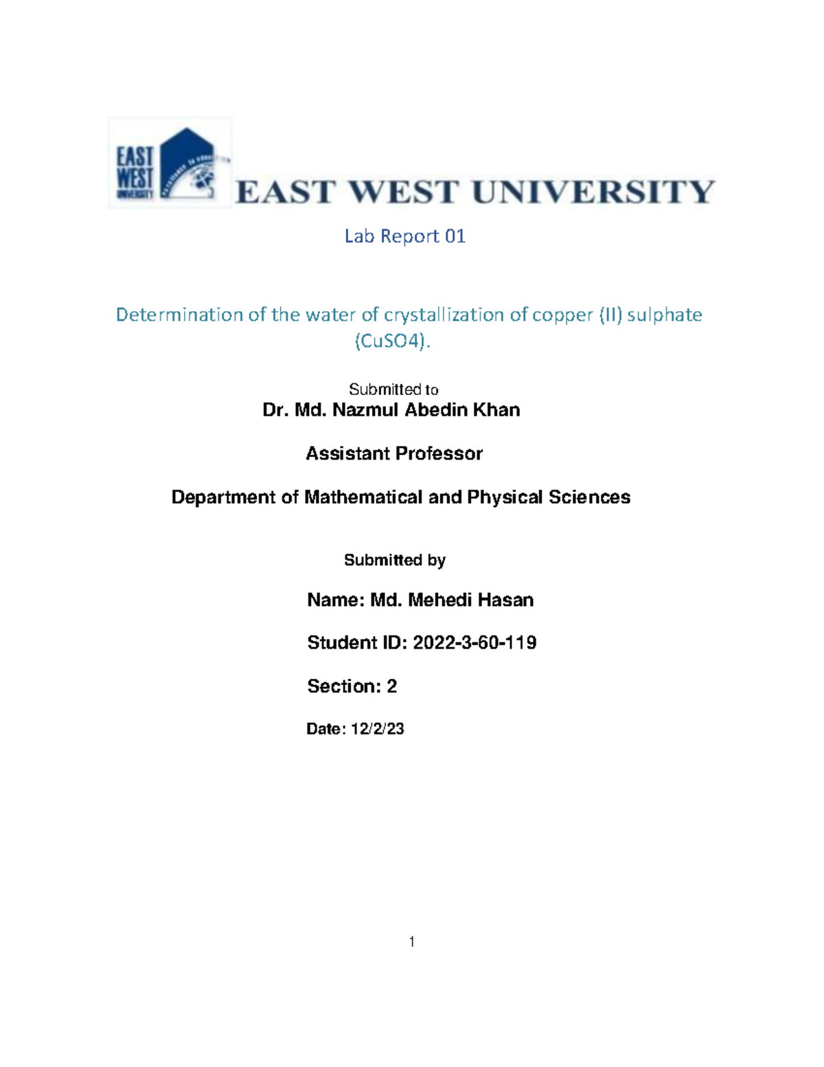 Lab Report 01: Water of Crystallization in CuSO4 (CuSO4) Determined ...