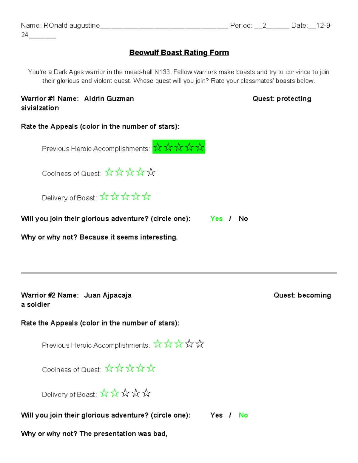 Copy of Beowulf Boast Rating Form - Name: ROnald augustine