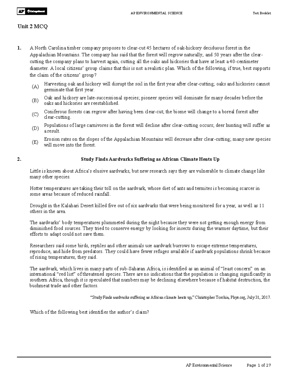 AP ENVIRONMENTAL SCIENCE Test Booklet Unit 2 MCQ Review - Studocu