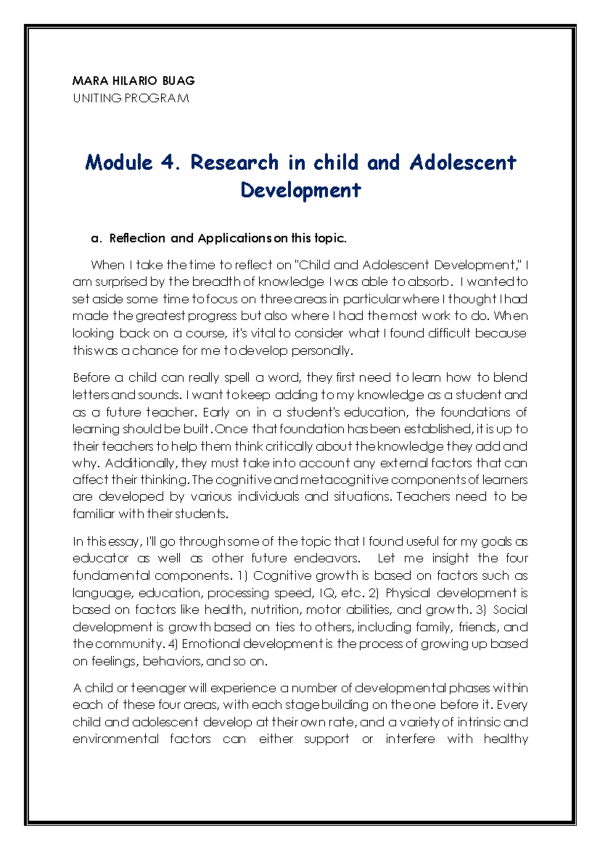 Module 4: Reflection on Child & Adolescent Development Insights - Studocu