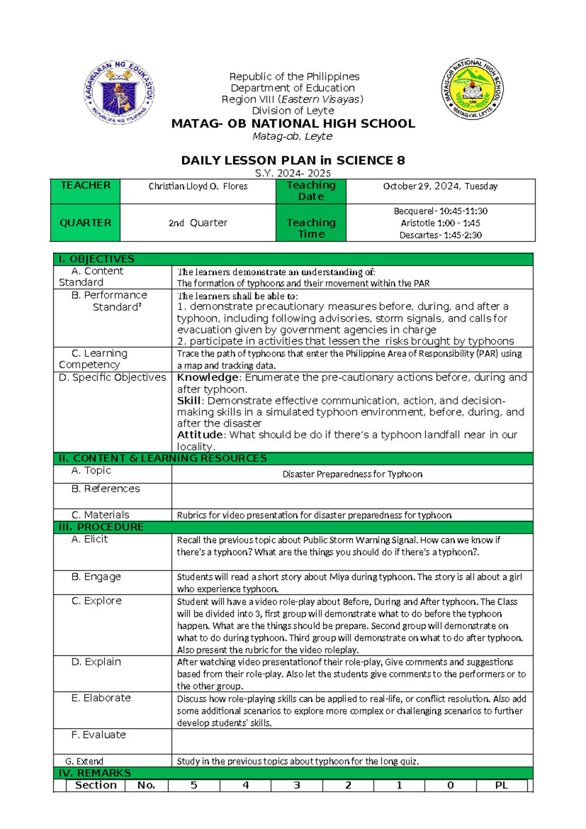 Week 1 Day 1 - Lesson plan example - Republic of the Philippines ...
