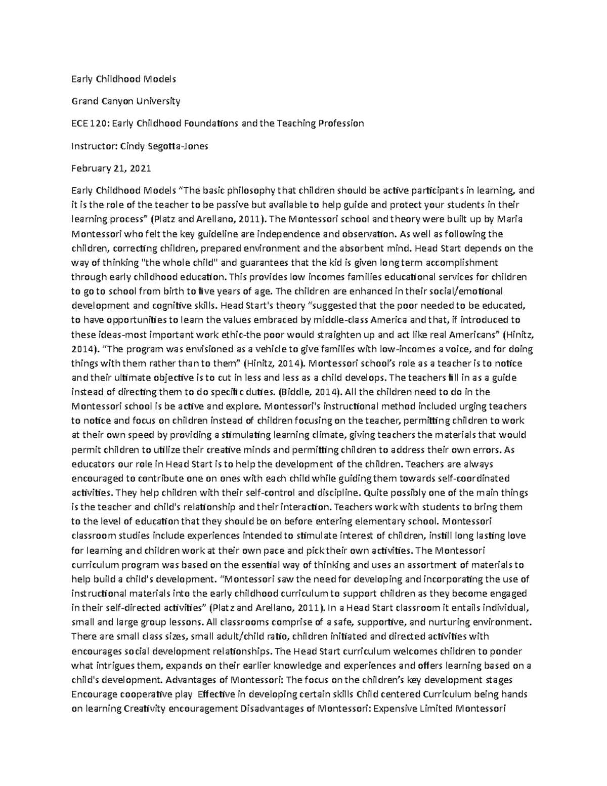 ECE 120 Essay on Early Childhood Education Models and Theories - Studocu