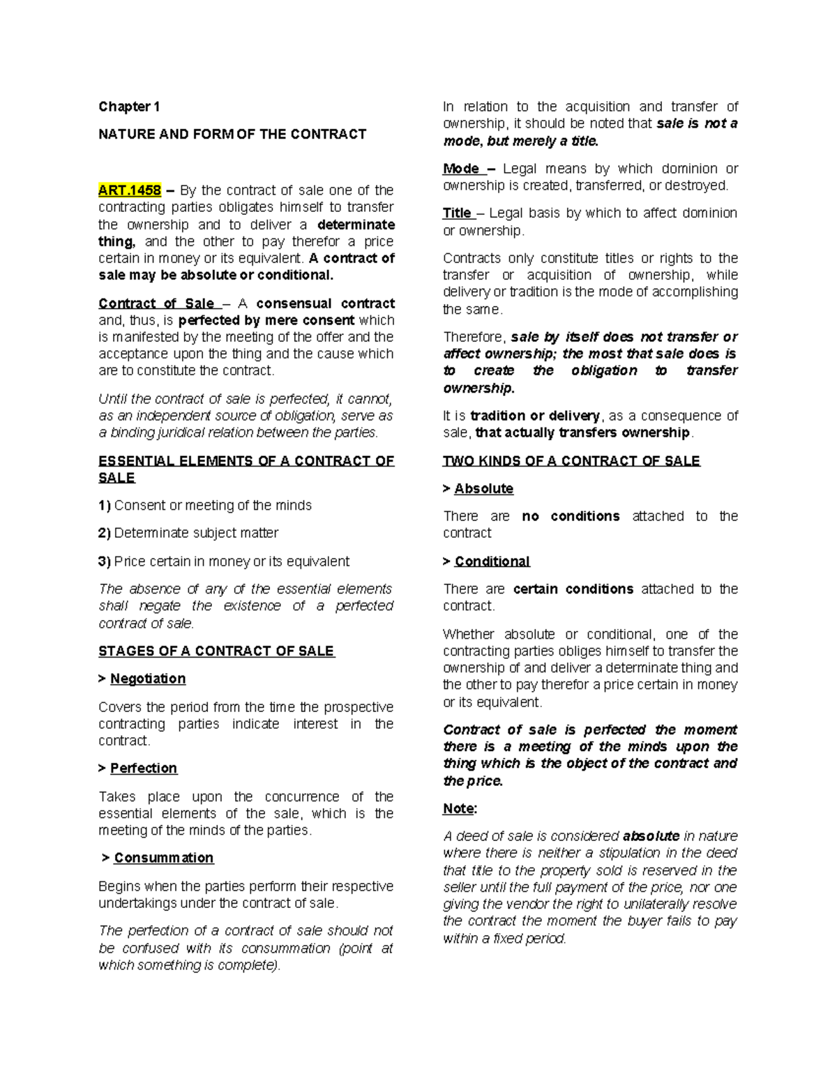 RFLB Reviewer - Legal Issues in Contract of Sale and Ownership - Studocu