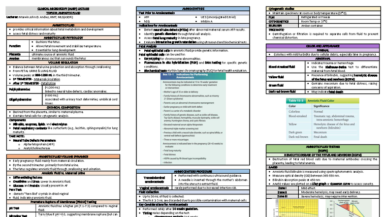 CLINICAL MICROSCOPY (AUBF) LECTURE NOTES: AMNIOTIC FLUID REVIEW - Studocu