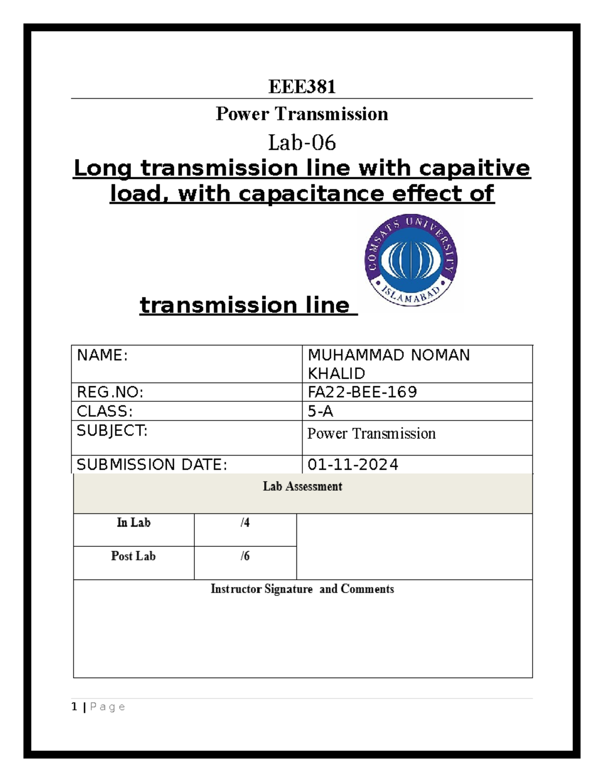 Pt lab 6 by noman red - Good - EEE Power Transmission Lab- Long ...