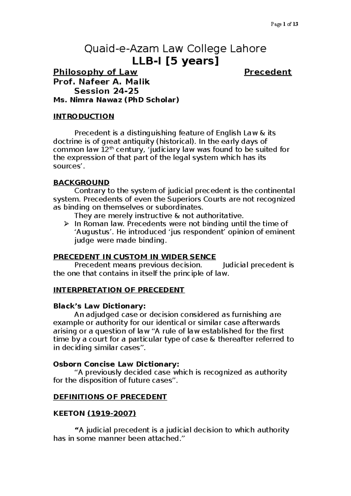 Philosophy of law (LAW 101): Understanding the doctrine of precedent ...