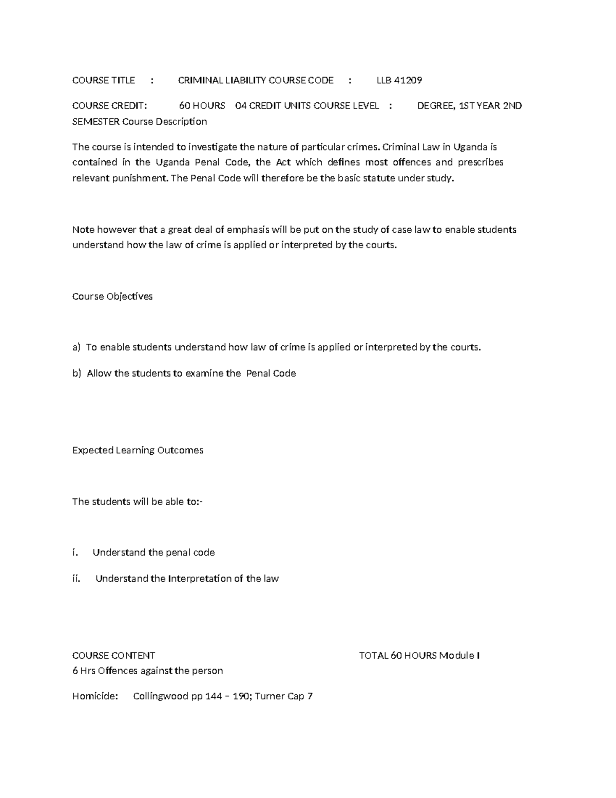 Criminal Liability Course Outline - LLB 41209 - Studocu