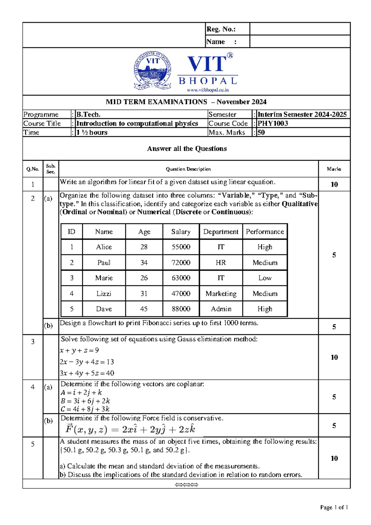 PHY1003: Midterm Exam Sample Paper - Computational Physics 2024 - Studocu