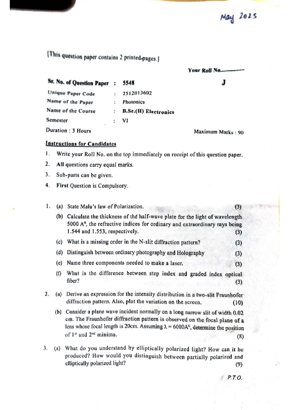 B.Sc.(H) Electronics VI Sem - Photonics May 2025 Question Paper - Studocu