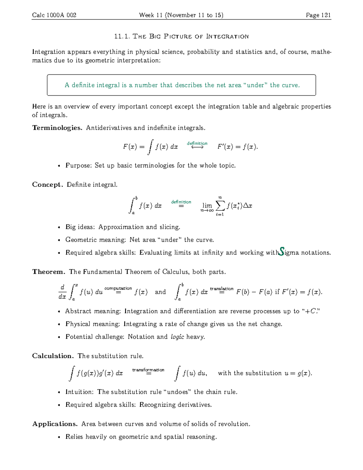 Calculus 1000A 002 Integration Concepts and Techniques Overview - Calc ...