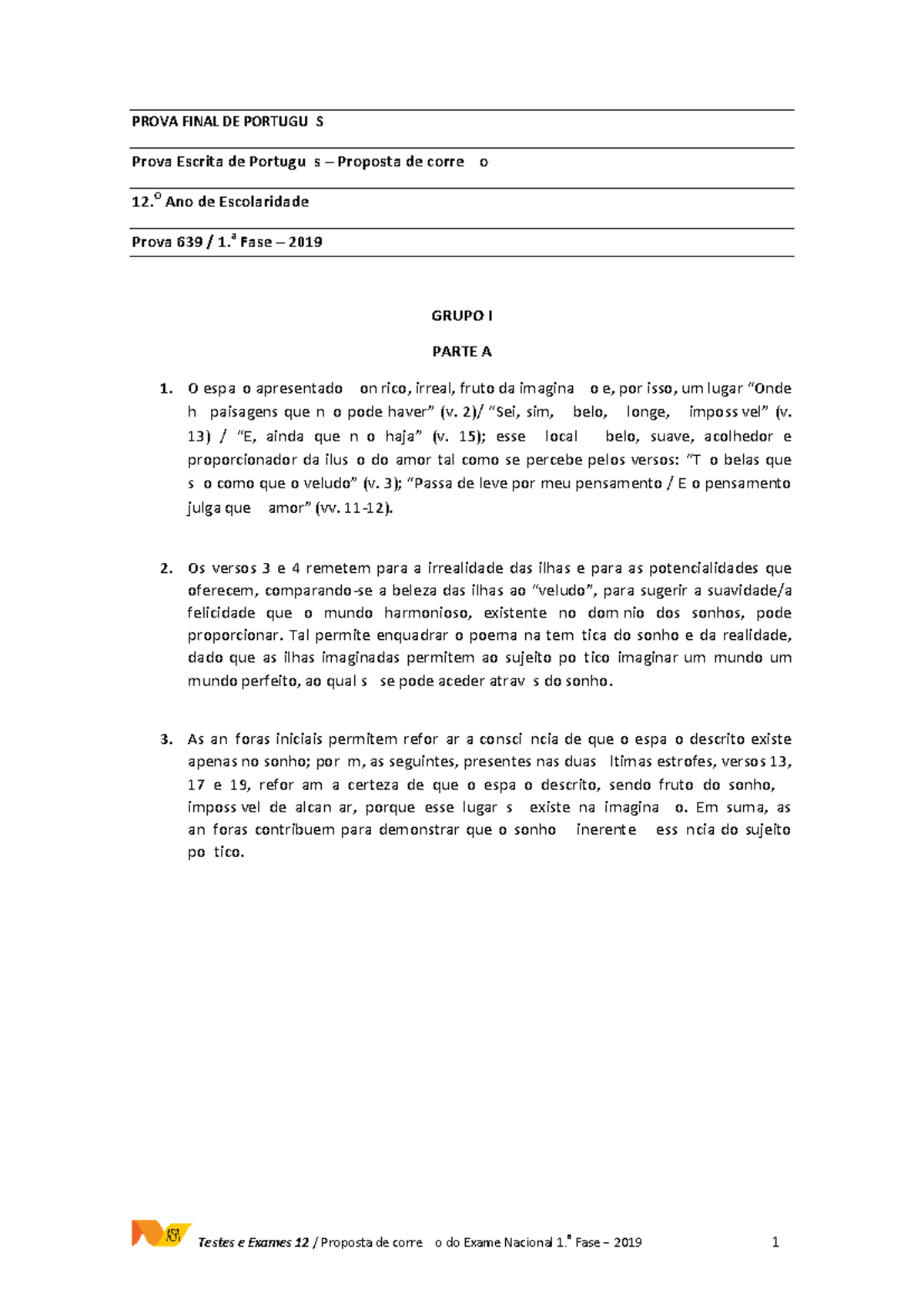 Exame Nacional de Português 12 - Proposta de Correção 1ª Fase 2019 ...