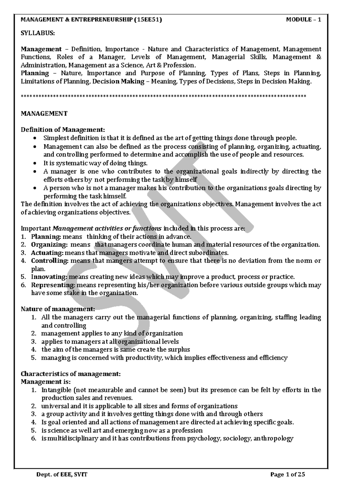 MANAGEMENT ENTREPRENEURSHIP (15EE51) MODULE 1 SYLLABUS & NOTES - Studocu