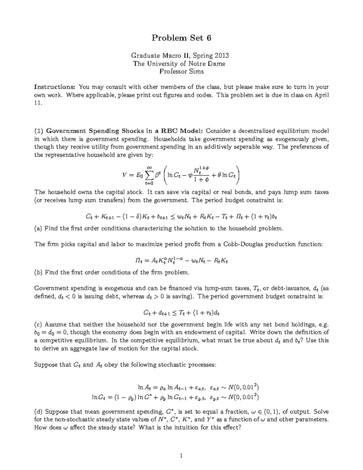 Graduate Macro II Problem Set 6 - Spring 2013 Analysis & Tasks - Studocu
