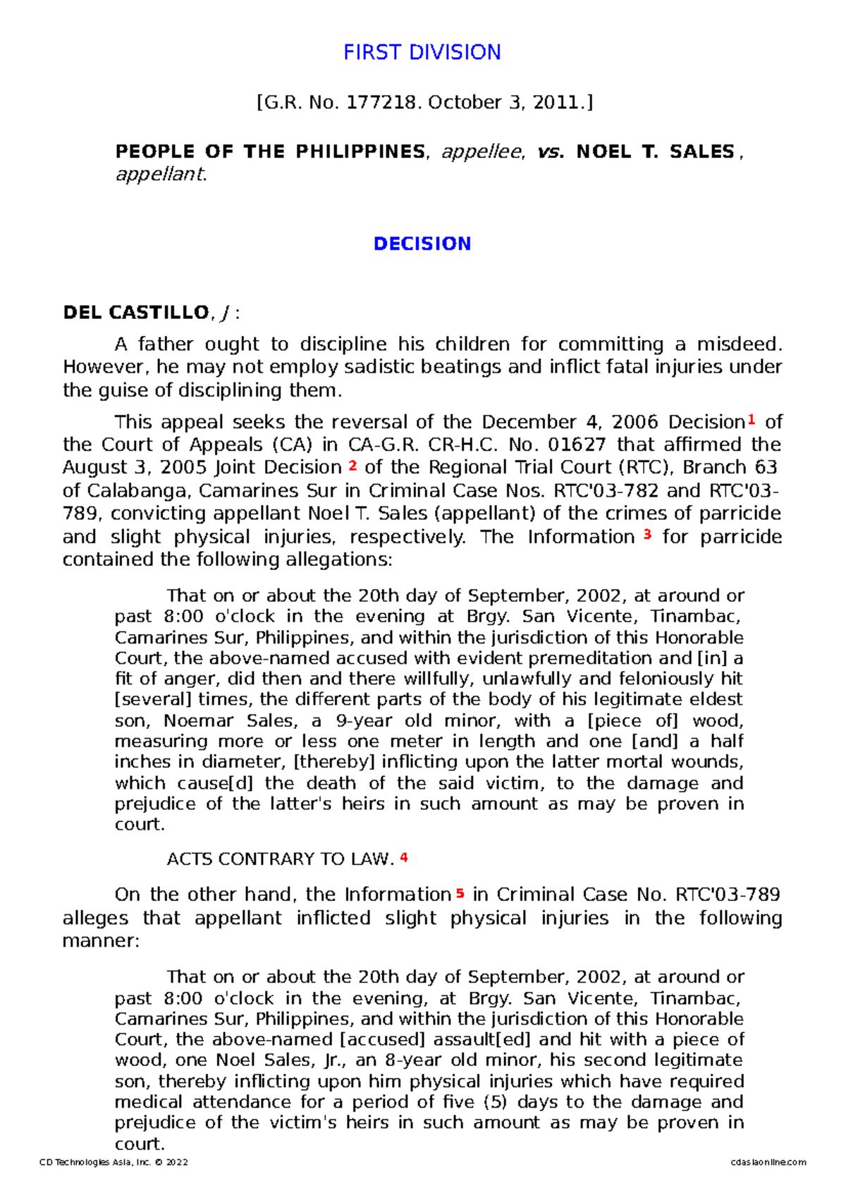 People v. Sales: Parricide & Slight Physical Injuries (G.R. No. 177218 ...