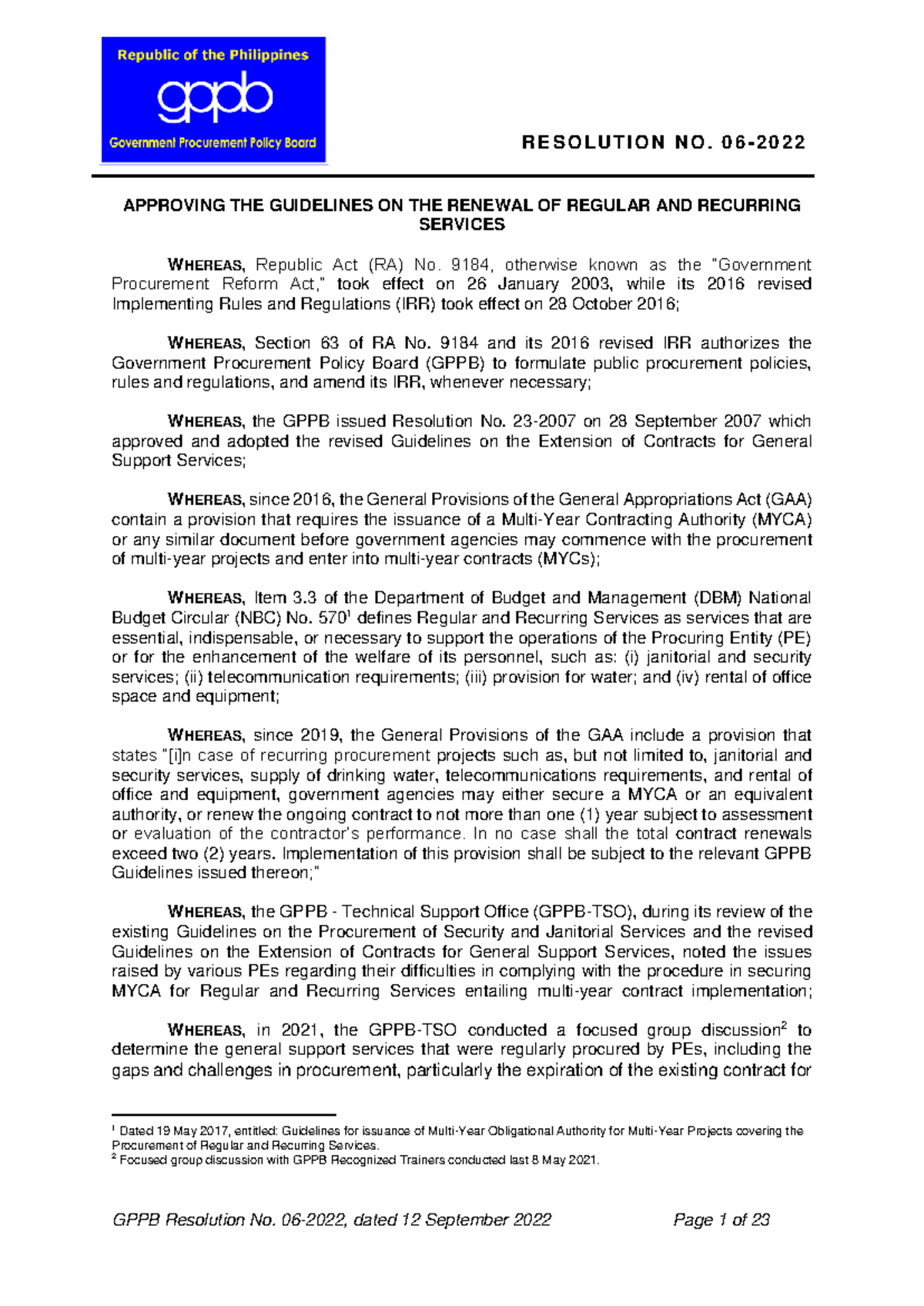 GPPB-Resolution-No-06-2022: Guidelines on Renewal of Services - Studocu