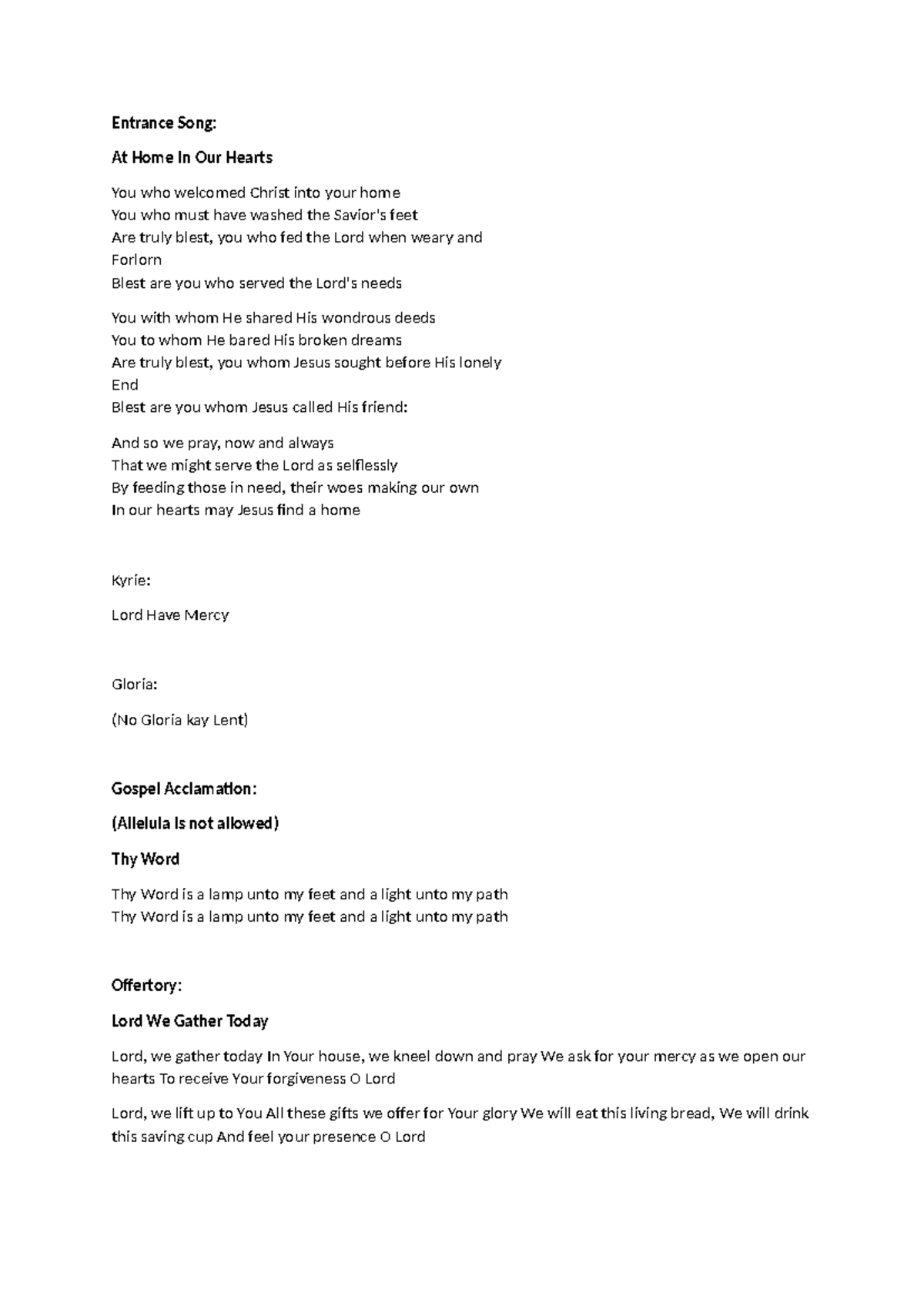 Mass Songs Guide: Entrance, Offertory, and Communion Hymns - Studocu