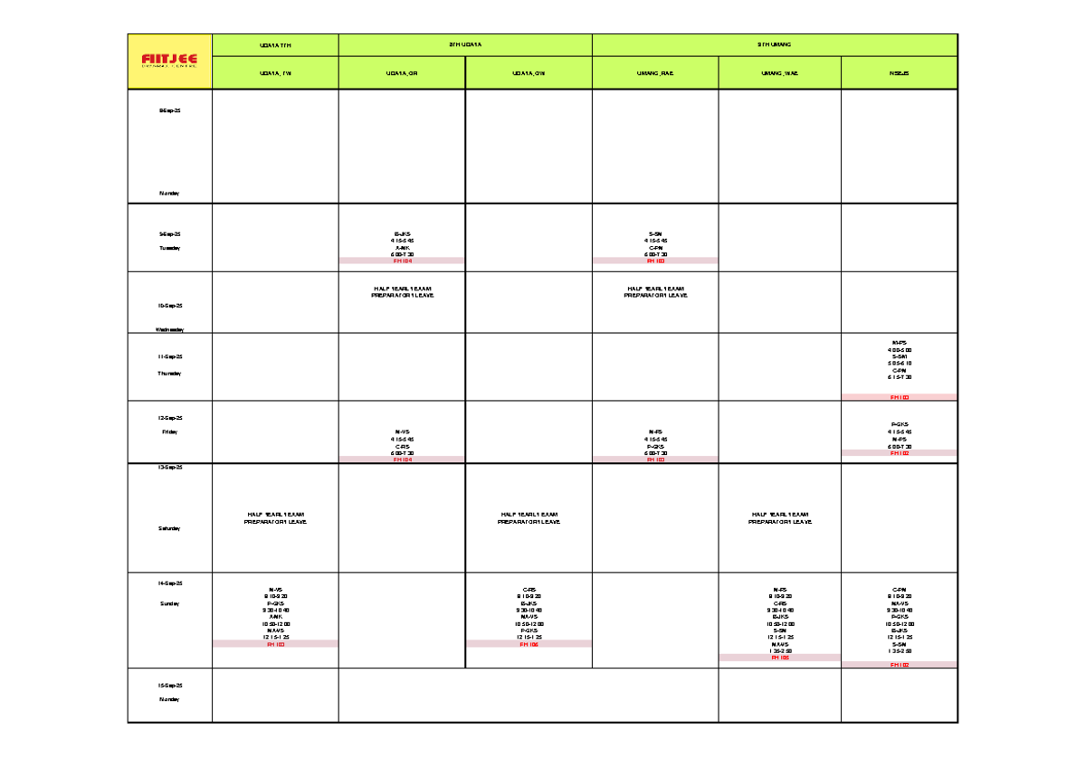 Timetable for Half Yearly Exams (FH) - 8th to 14th Sep 2025 - Studocu