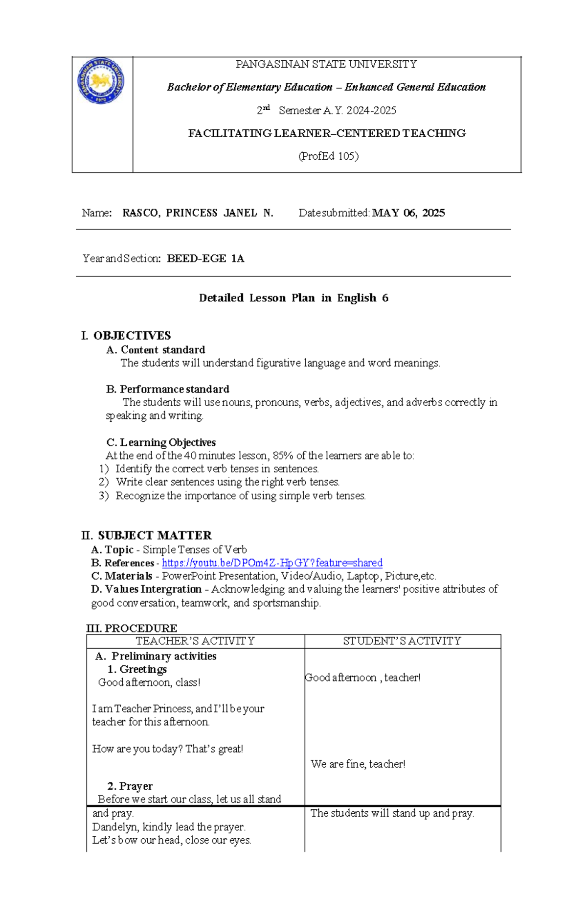 Detailed Lesson Plan in English 6 (ProfEd 105) by Rasco - Studocu