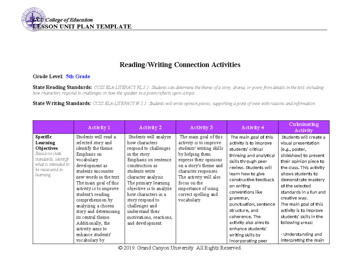 REA 365 T6 Lesson Plan: Reading and Writing Connection Activities - Studocu