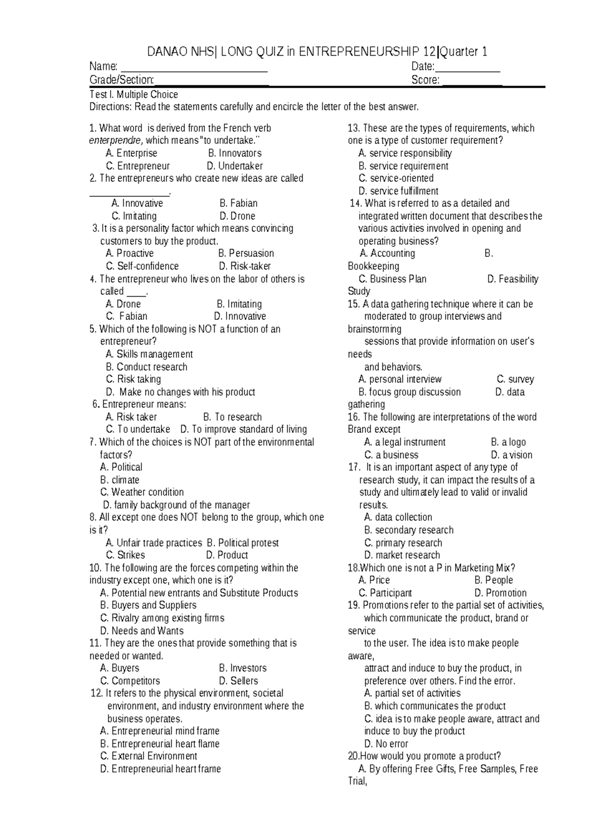 LONG QUIZ in Entrep 12 - Q1 Assessment Questions & Answers - Studocu