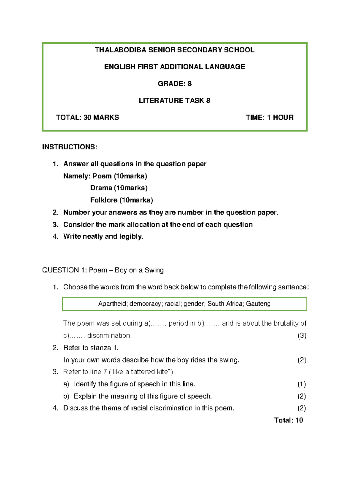 Grade 8 Literature Task 8: Poem & Folklore Analysis Guide - Studocu