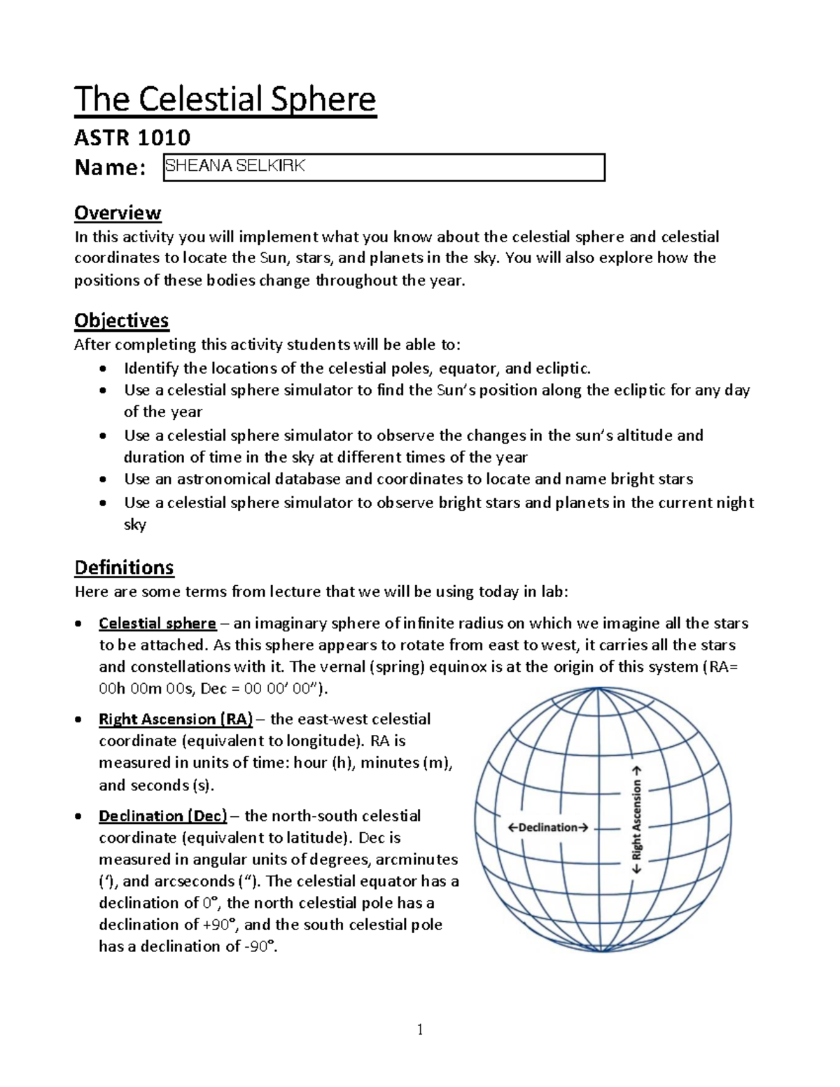 ASTR 1010 Celestial Sphere Lab: Exploring Sky Coordinates & Objects ...