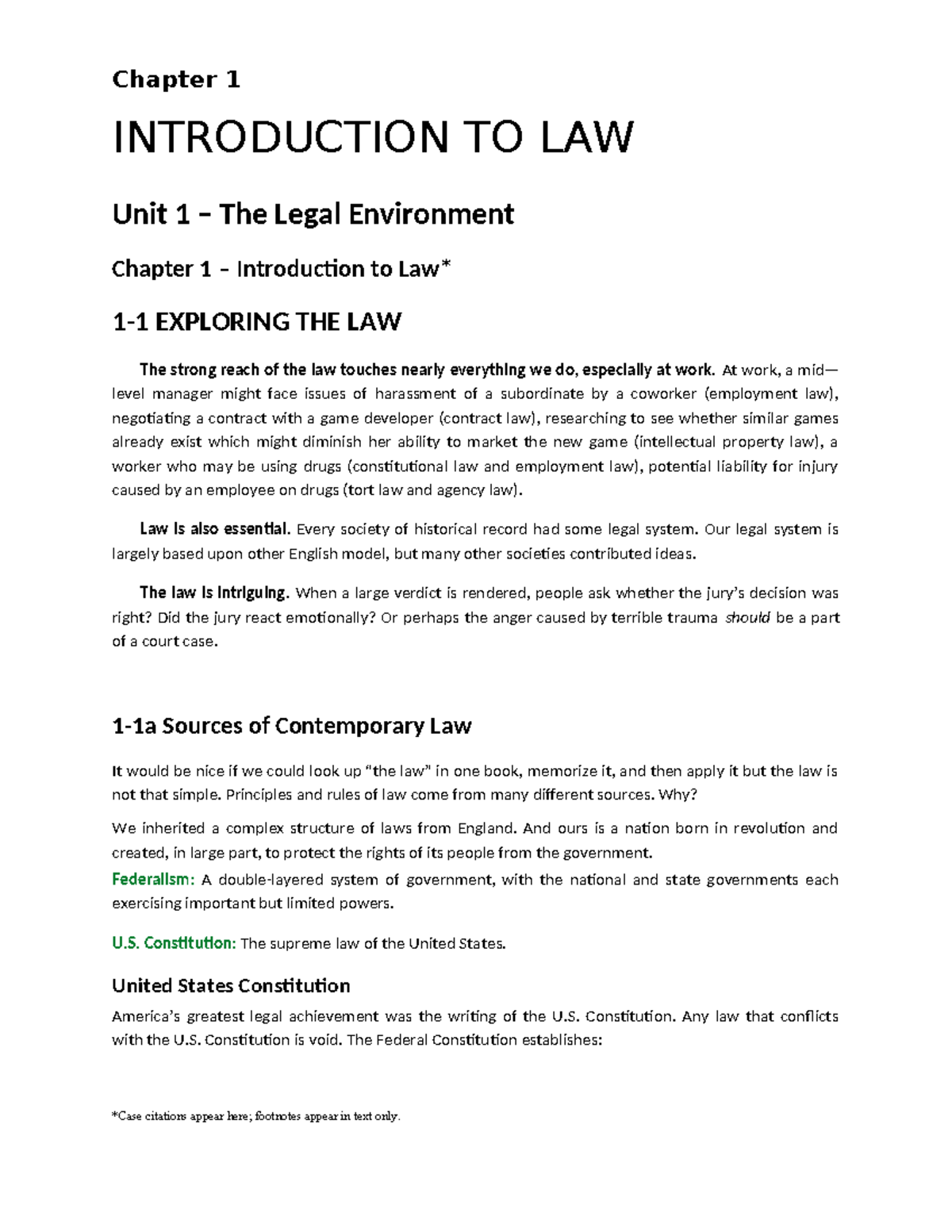 BUS340 New - CH 1 Notes - Chapter 1 INTRODUCTION TO LAW Unit 1 – The ...
