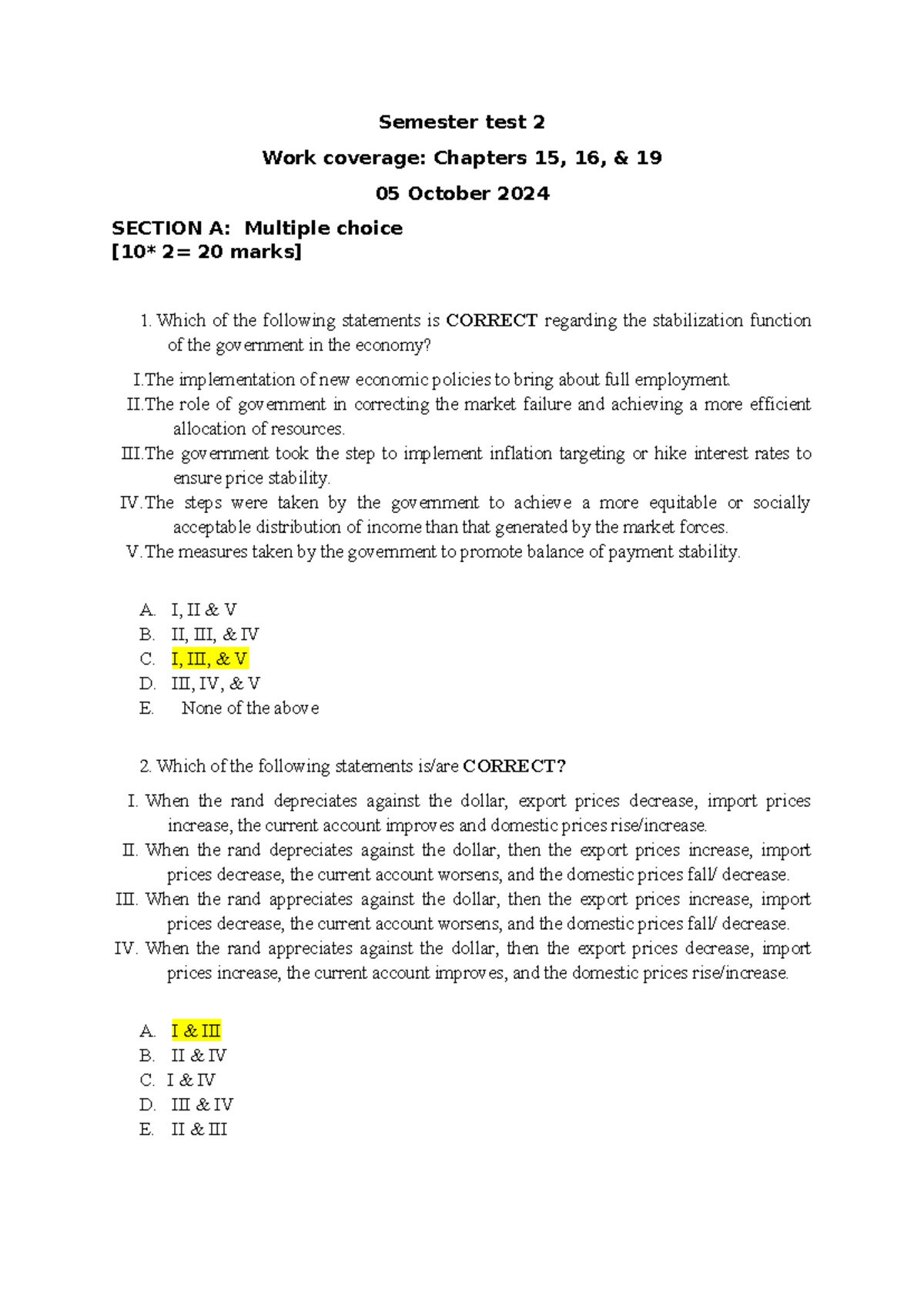 Semester Test 2: Macroeconomics Coverage of Chapters 15, 16, 19 - Studocu