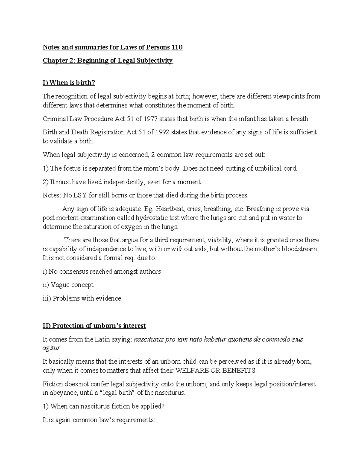 Laws of Persons 110: Chapter 2 Summary on Legal Subjectivity and ...