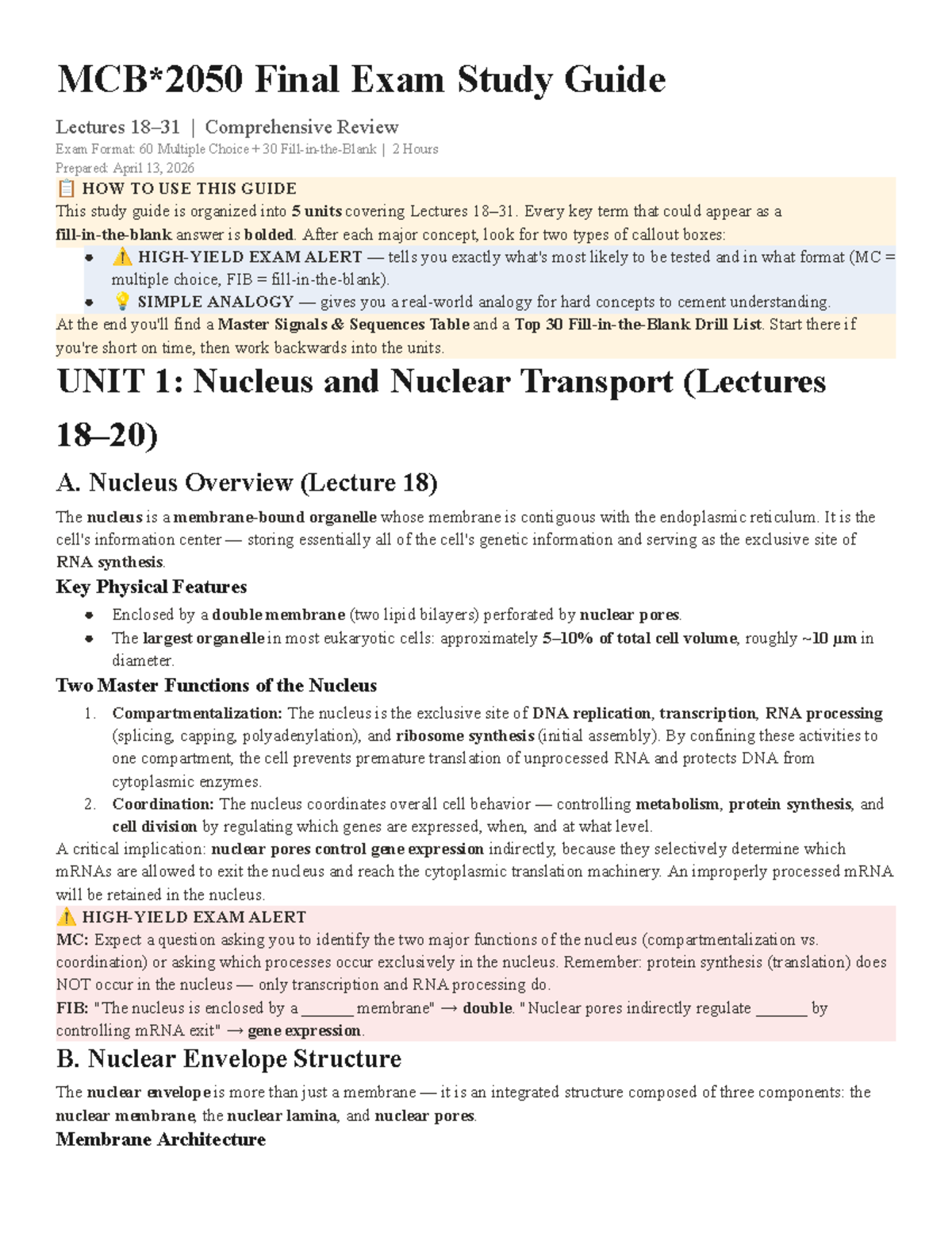 MCB 2050 Final Exam Study Guide: Comprehensive Review of Lectures - Studocu