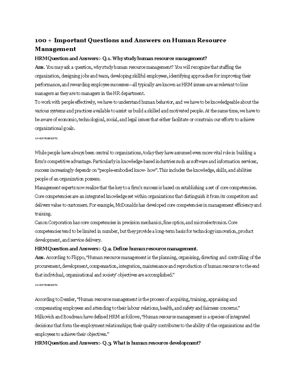 HRM - Key Subjective Questions for Understanding Human Resources - Studocu