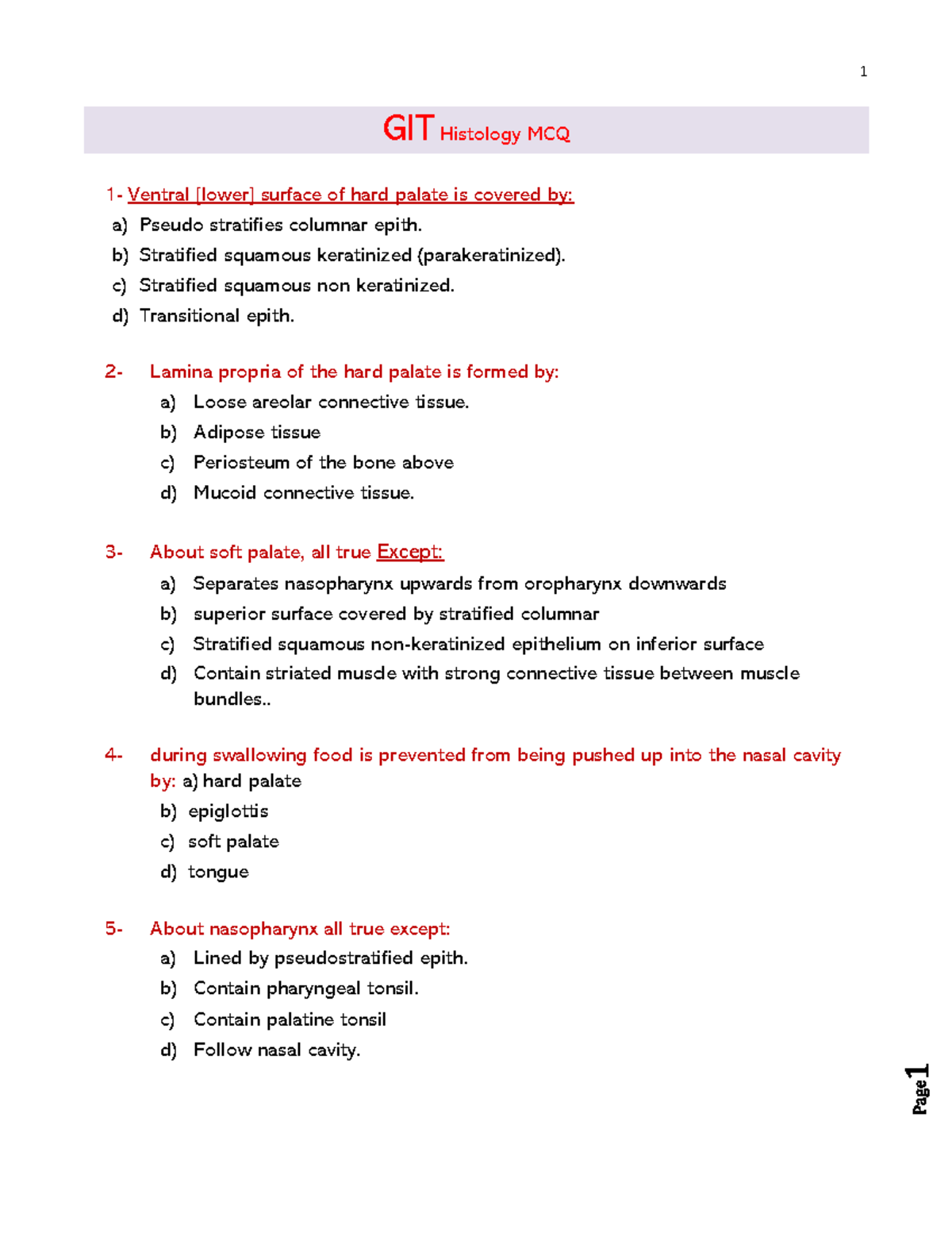 GIT Histology Exam MCQs - Comprehensive Study Guide - Studocu